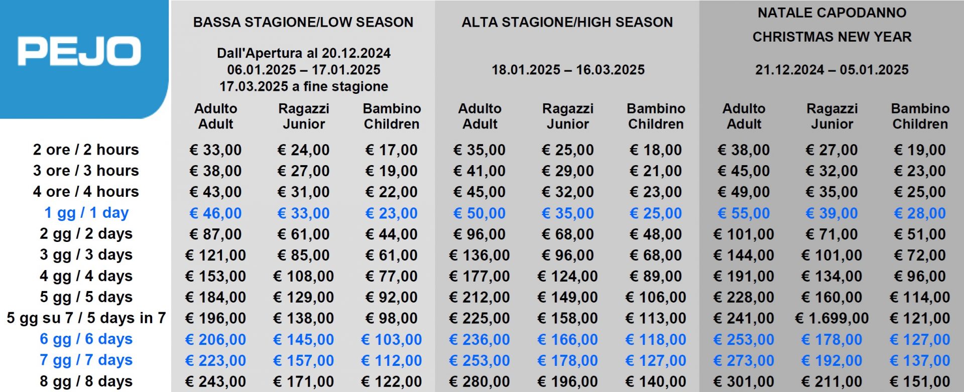 Vedi i prezzi giornalieri e i listini prezzi di Pejo 3000 – Pejo Funivie